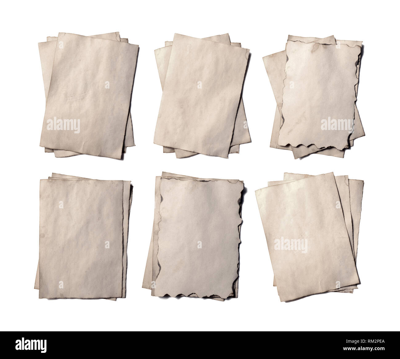 Set of old blank pieces of antique vintage crumbling paper manuscript ...