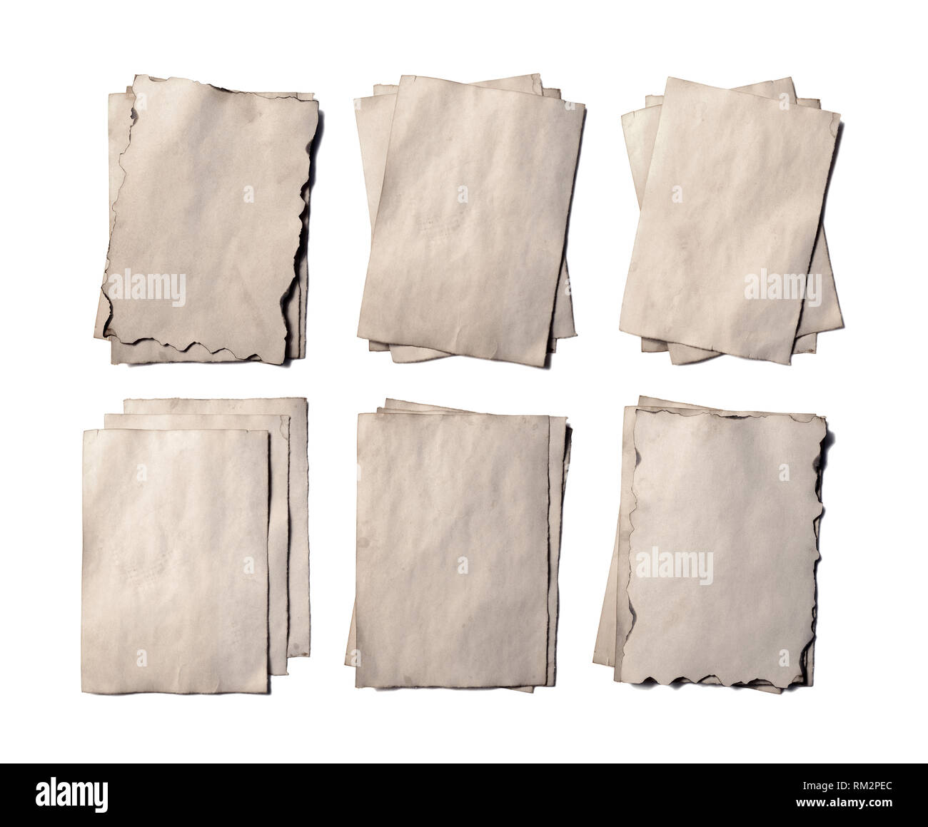 Set of old blank pieces of antique vintage crumbling paper manuscript ...