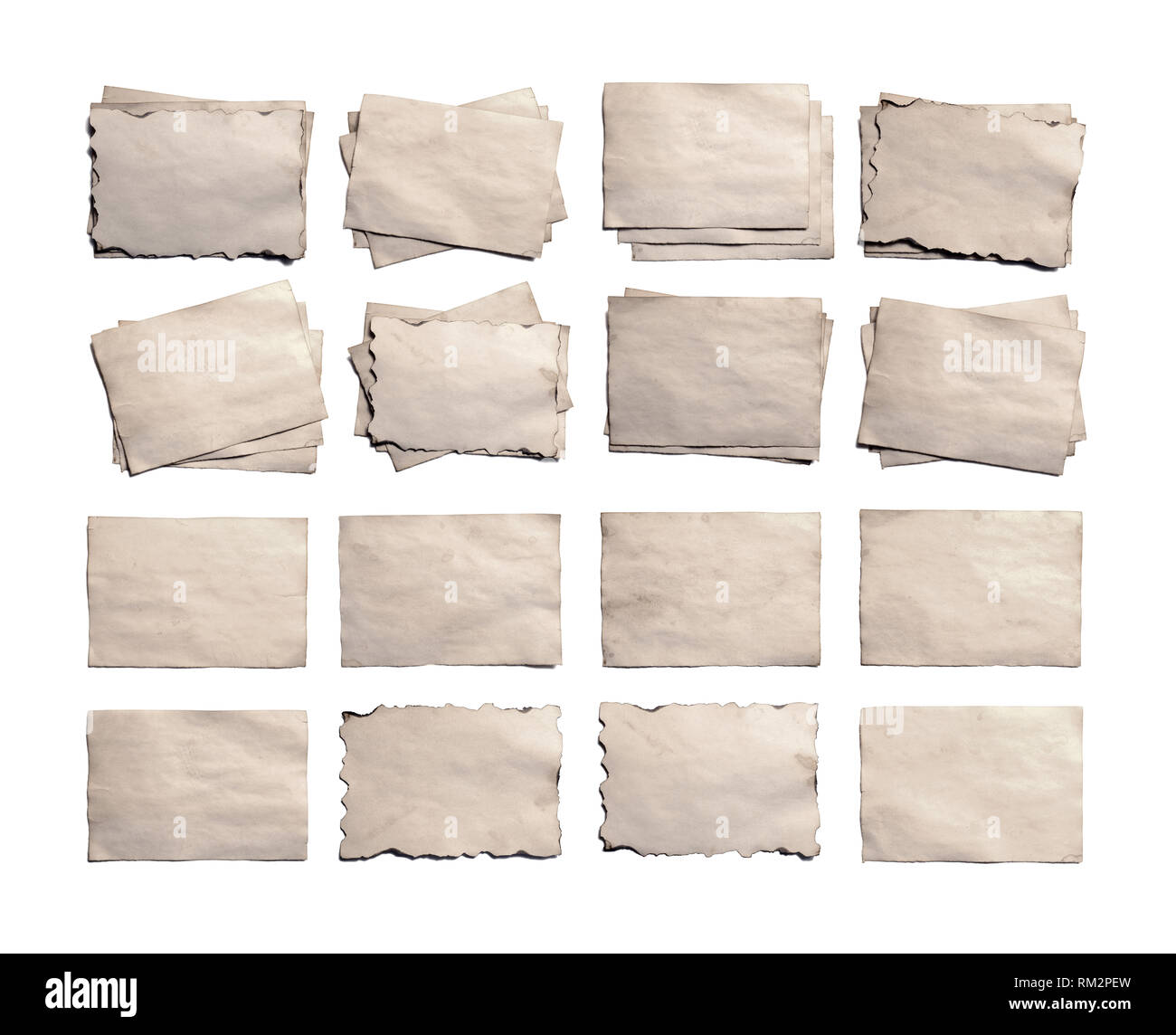 Set of old blank pieces of antique vintage crumbling paper manuscript ...