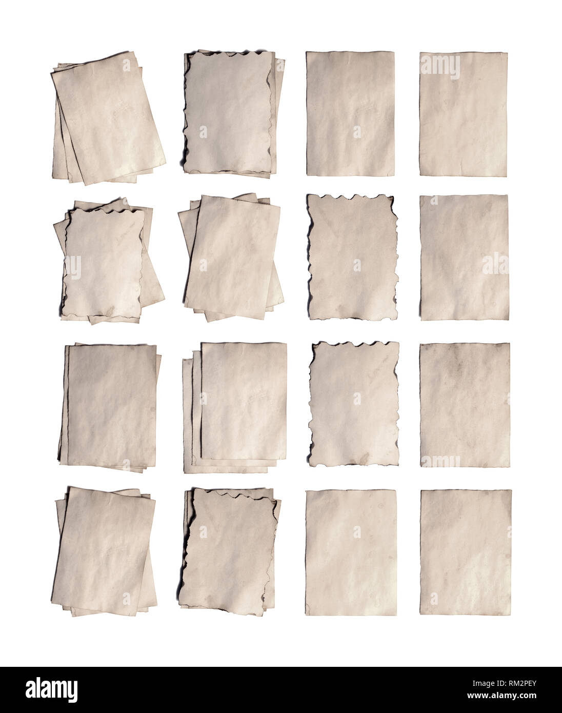 Set of old blank pieces of antique vintage crumbling paper manuscript ...