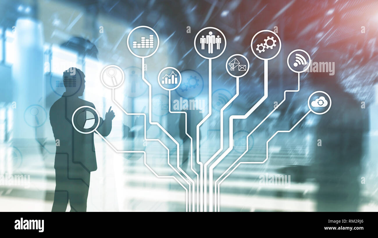 Business applications icons on blurred background. Financial and ...