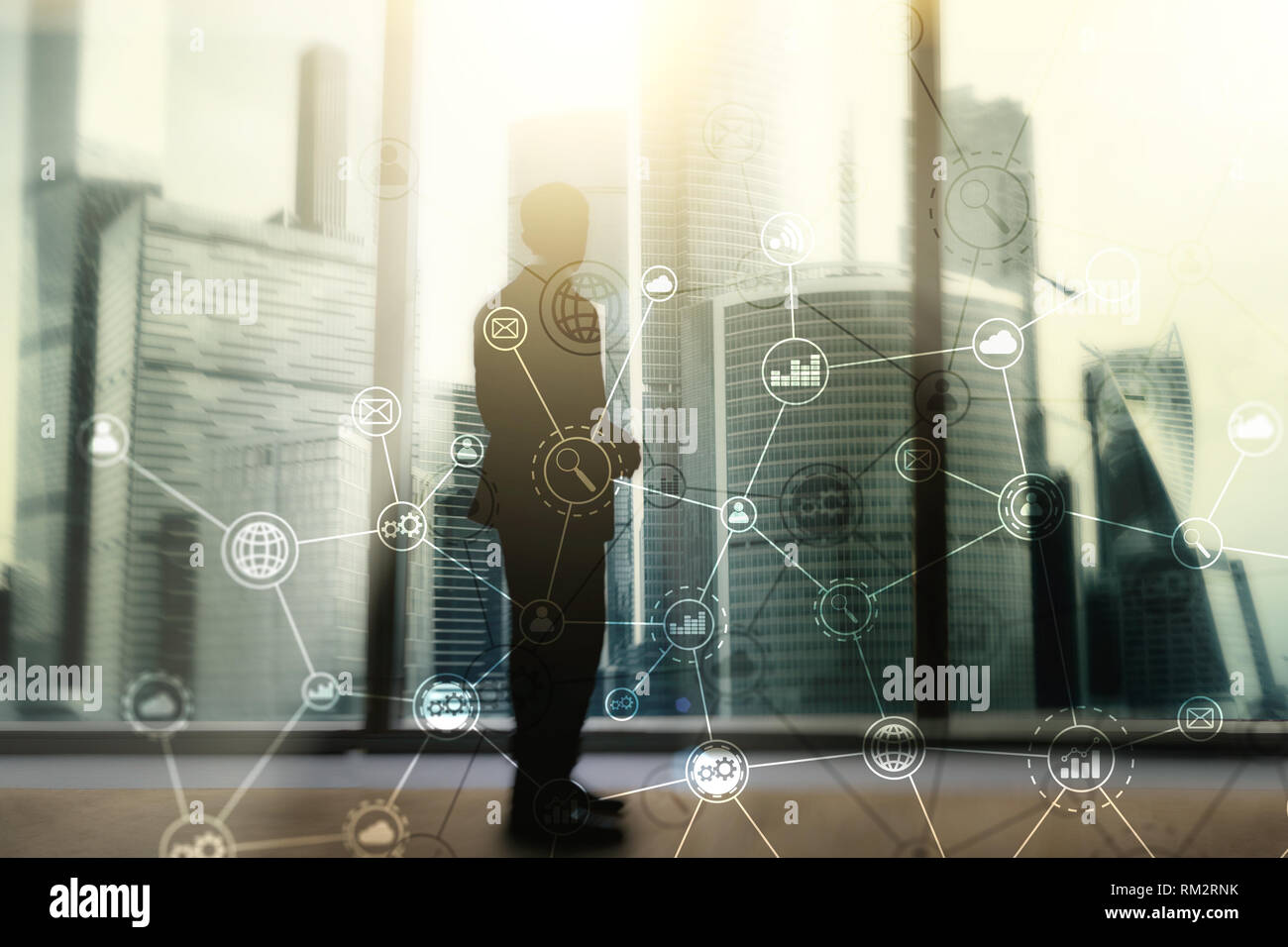 Double exposure Business organization structure on blurred background ...