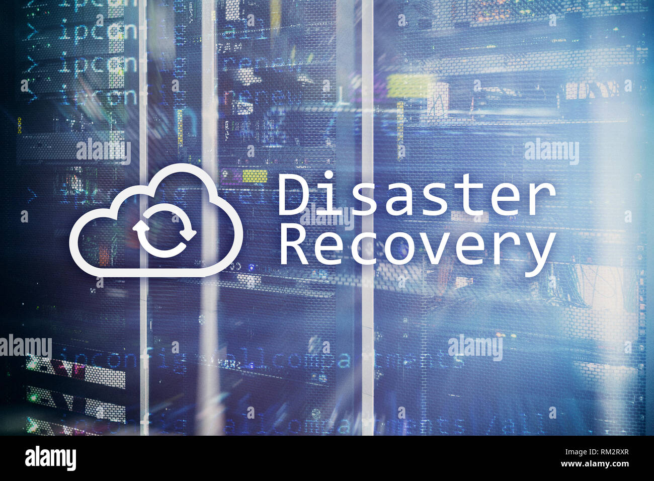 DIsaster recovery. Data loss prevention. Server room on background ...