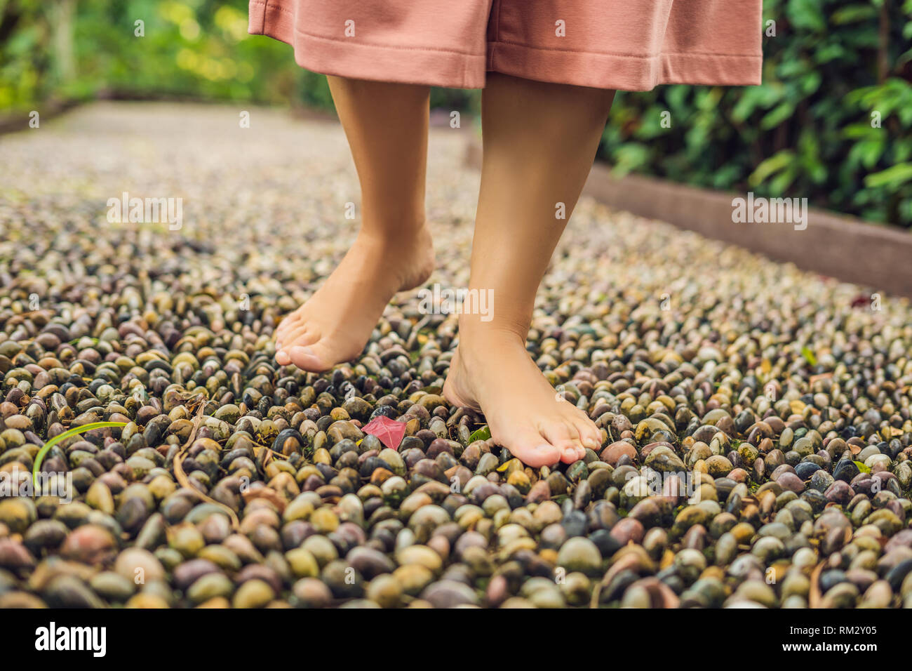 Woman Walking On A Textured Cobble Pavement, Reflexology. Pebble stones ...