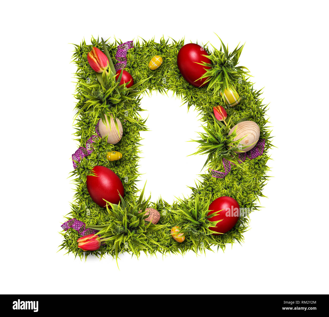 Easter holiday letter D made of fresh green grass and Easter eggs ...
