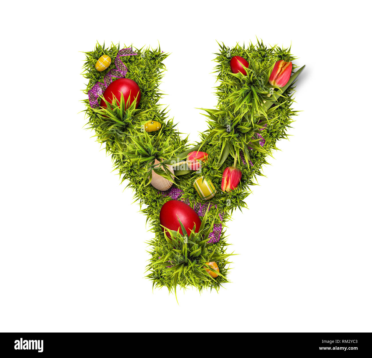 Easter holiday letter Y made of fresh green grass and Easter eggs ...