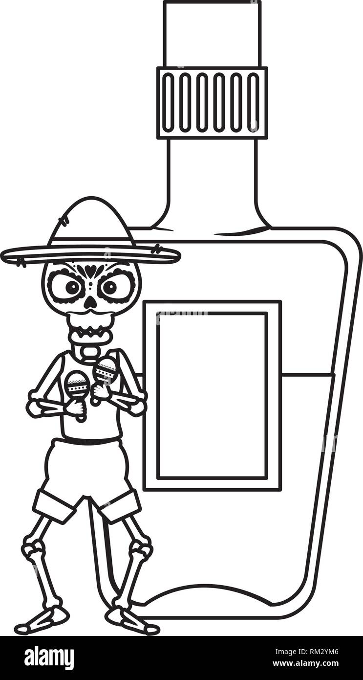 skeleton mexican with hat and tequila bottle vector illustration design ...