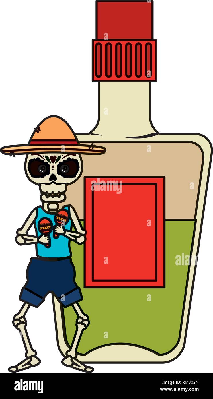 skeleton mexican with hat and tequila bottle vector illustration design ...