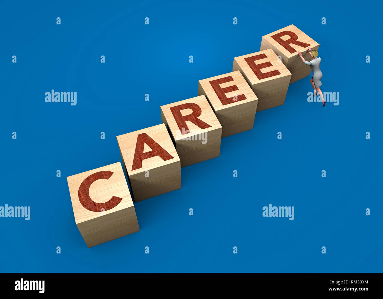 Wooden cube block on blue background with word career. Business career ...