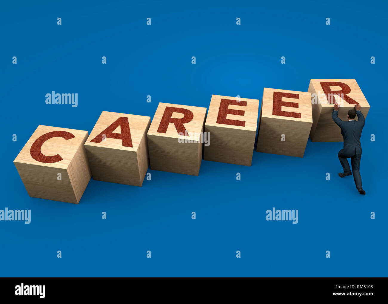 Wooden cube block on blue background with word career. Business career ...