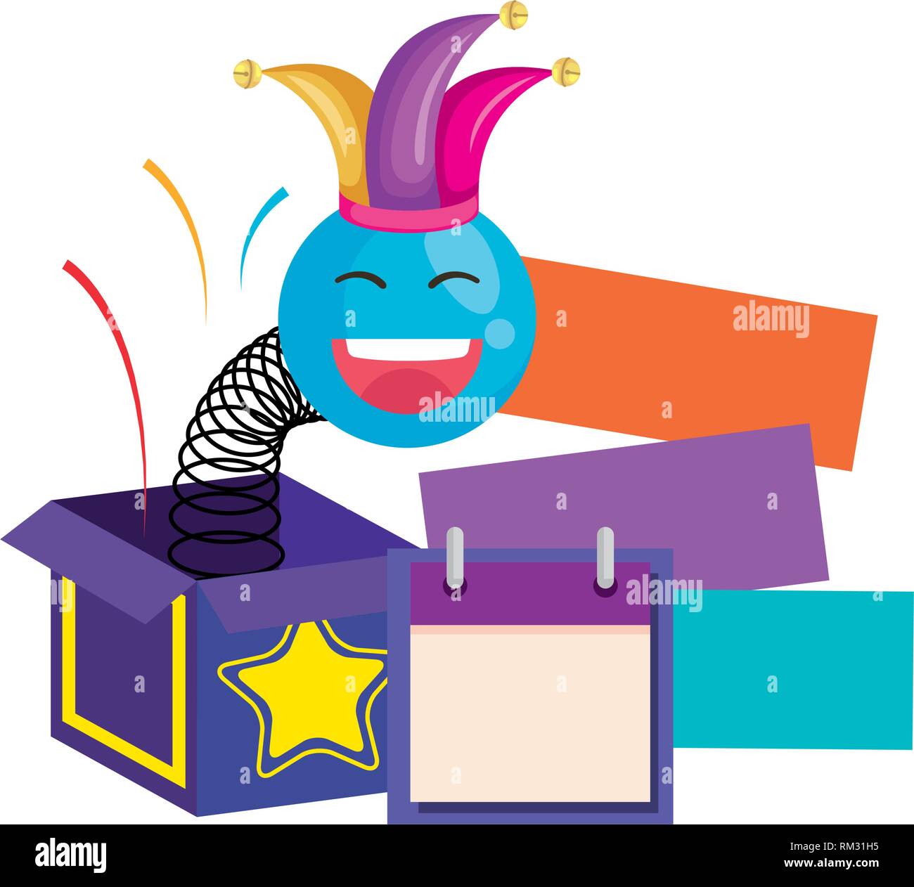 surprise box with happy fool face and calendar vector illustration ...