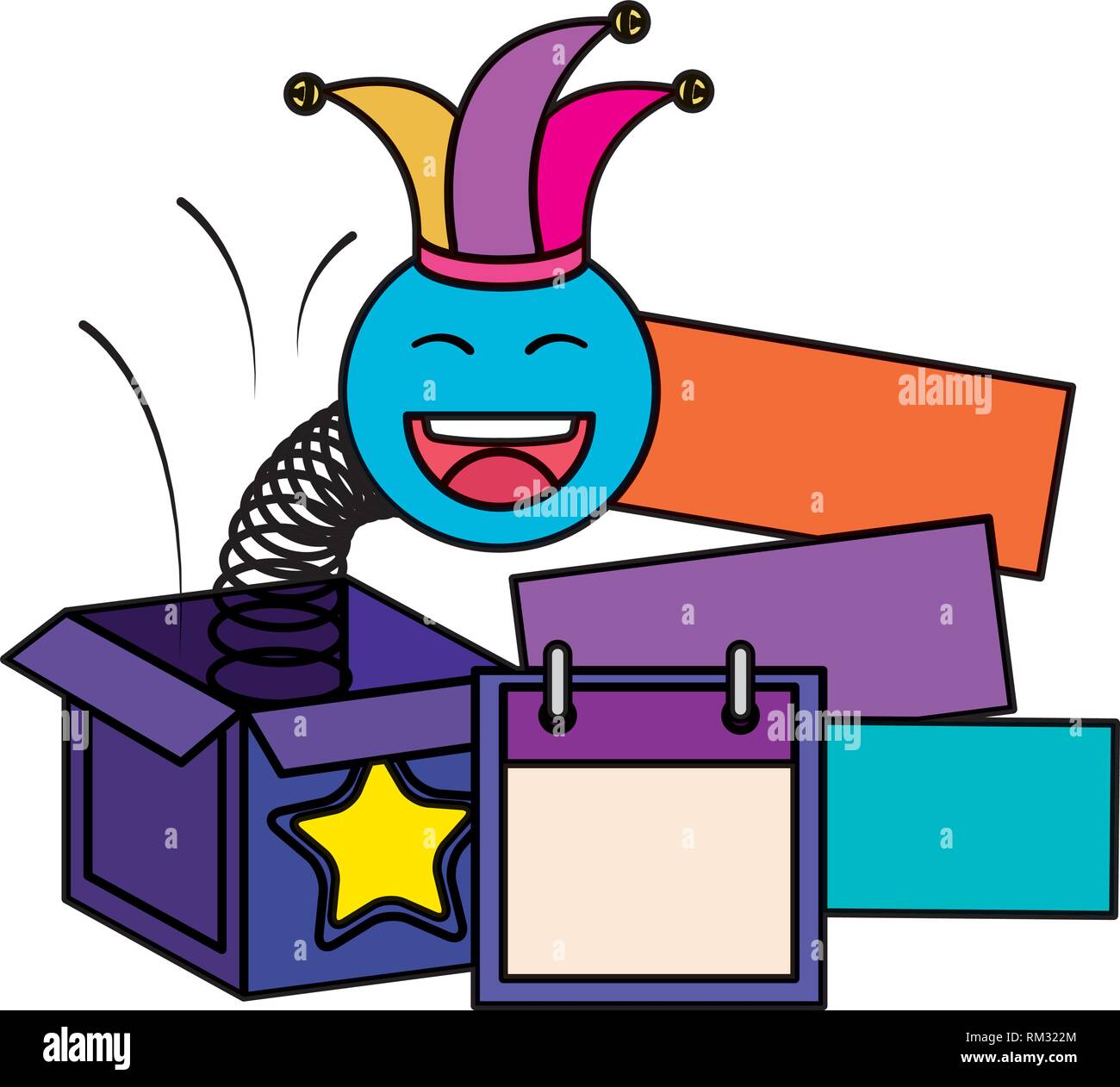 surprise box with happy fool face and calendar vector illustration ...