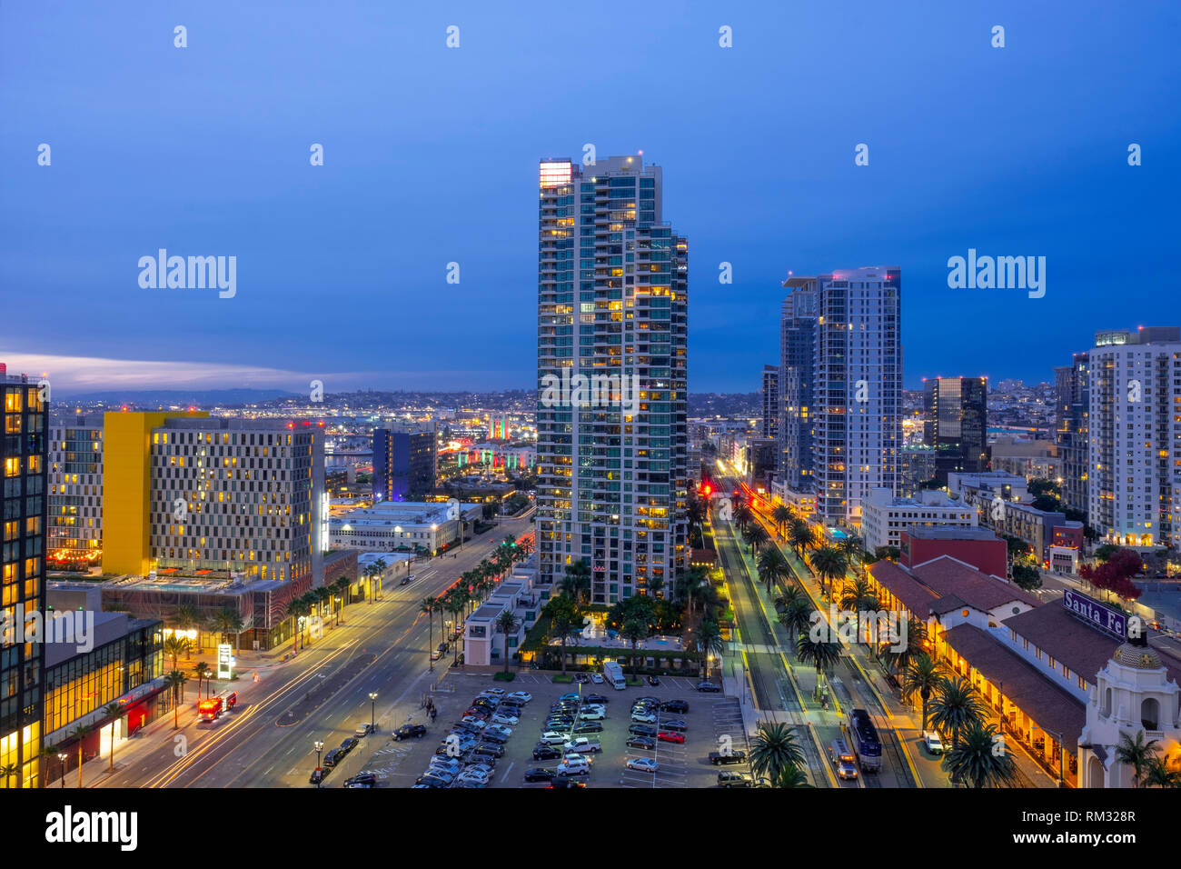 Downtown San Diego California at night shot from above city lights are ...