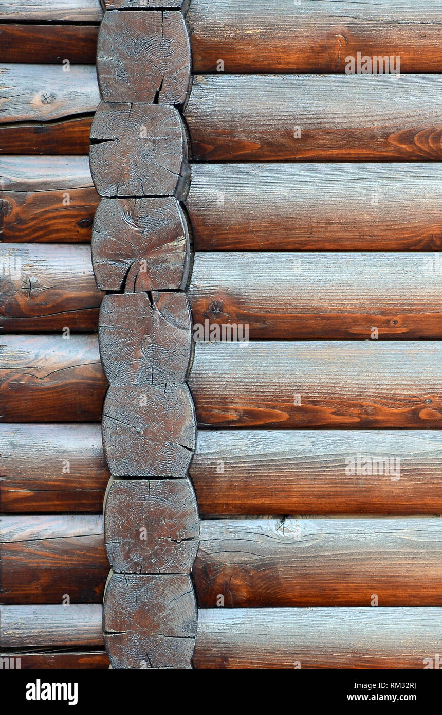 Hewn timber. Rustic log wall horizontal timber background. Fragment of ...
