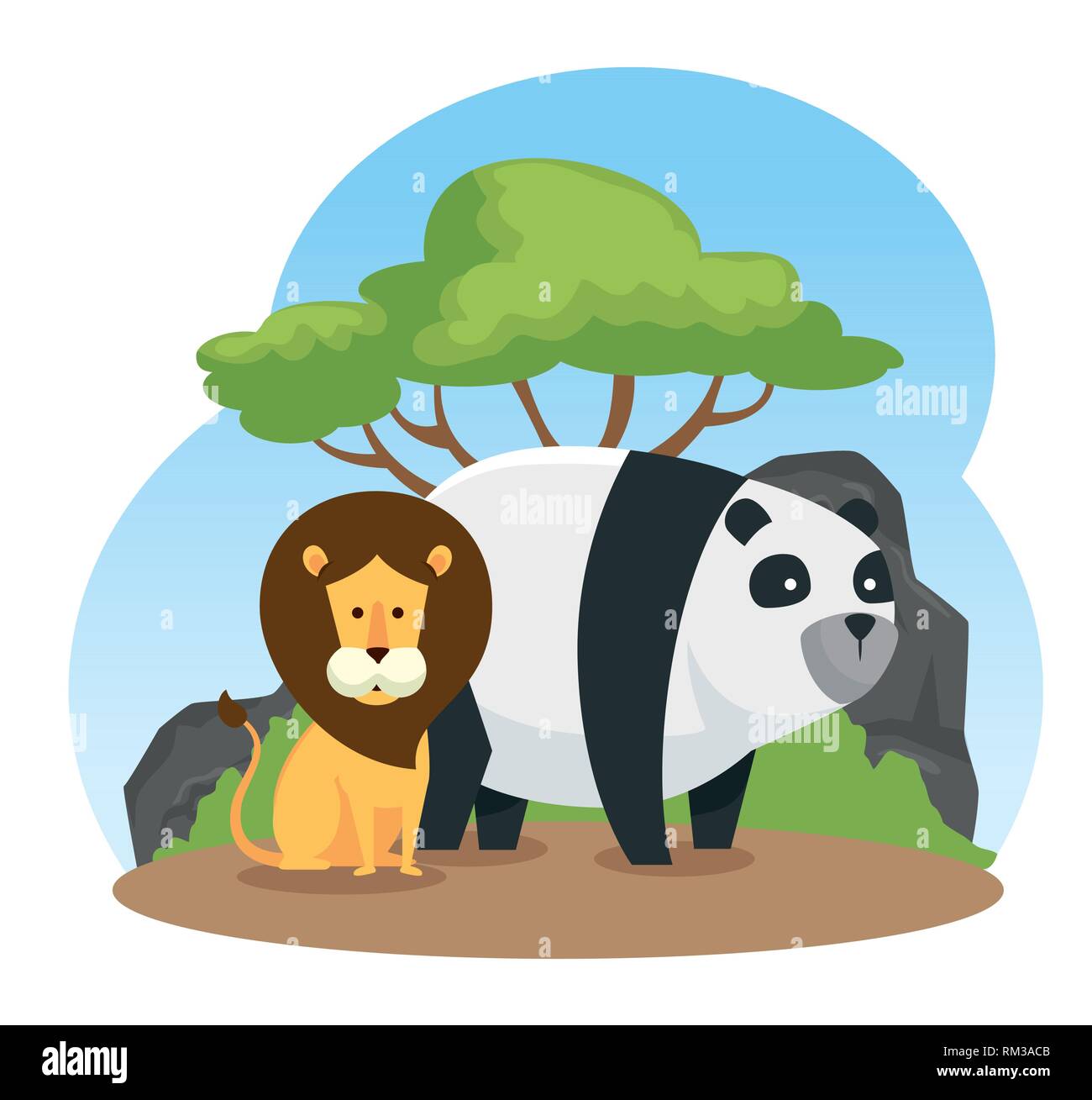 lion and panda wild animals with tree and bushes Stock Vector Image ...