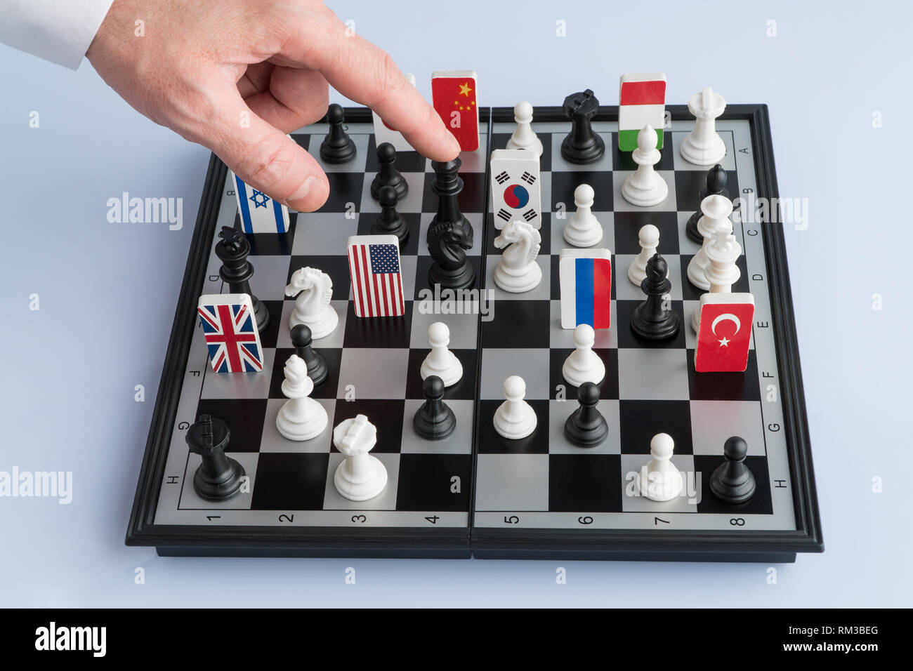 Politician's hand moves a chess piece. Conceptual photo of a political ...