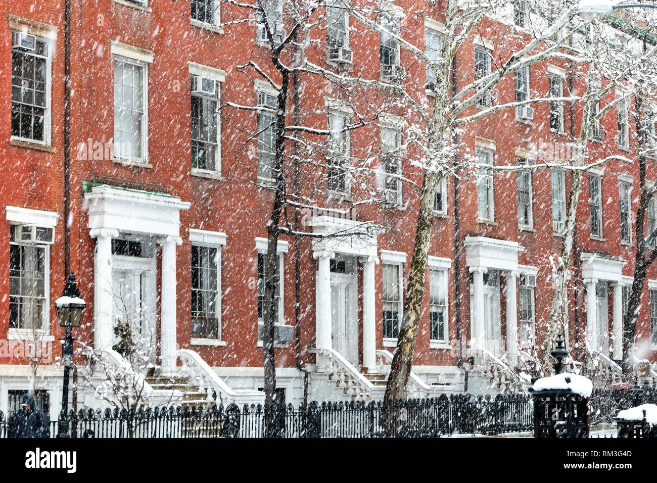 Snowy street scene during a winter noreaster blizzard with the historic ...