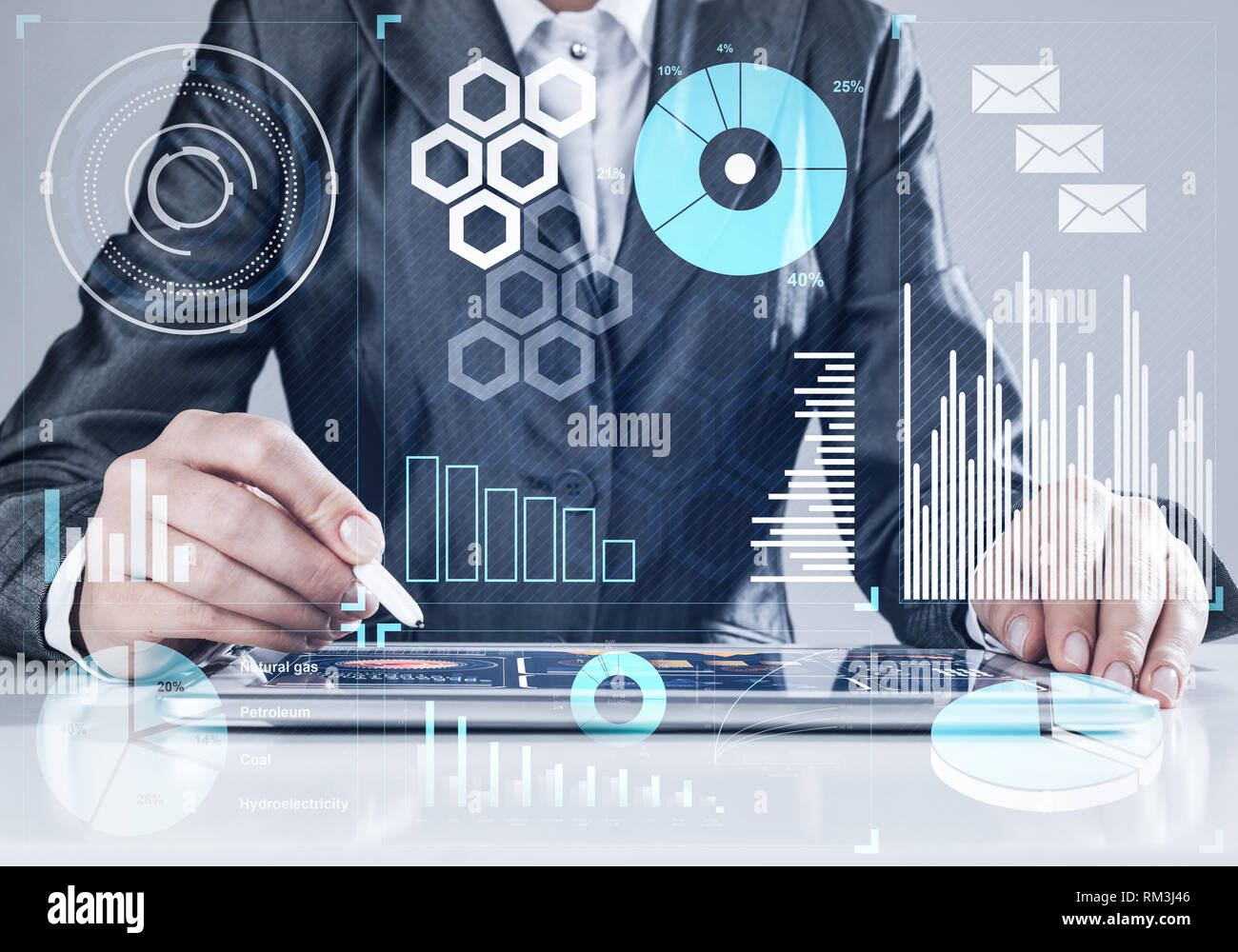 Media technologies for business as concept with woman working on tablet ...