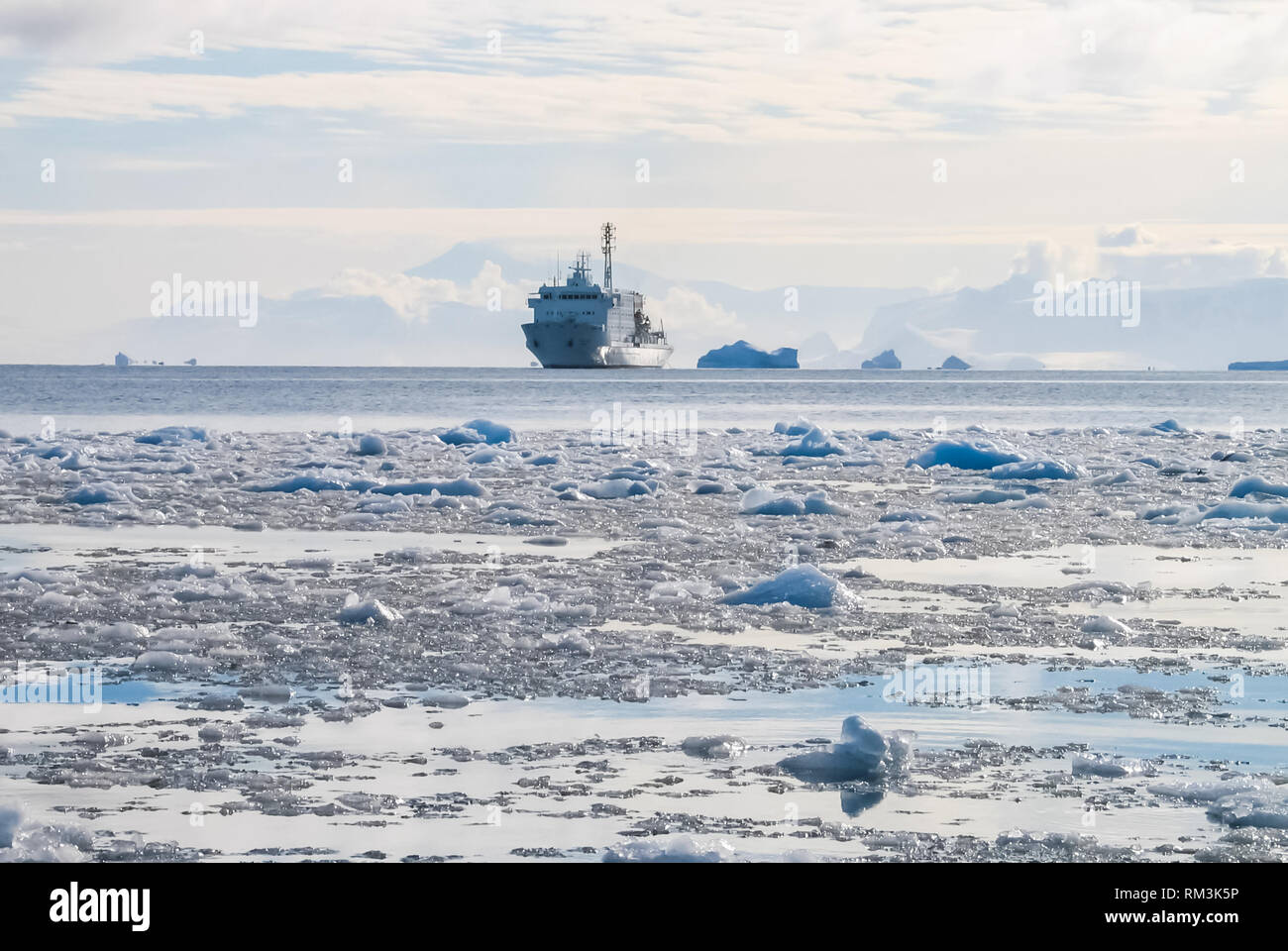 White research ship in the ice of Antarctica. White research ship in ...