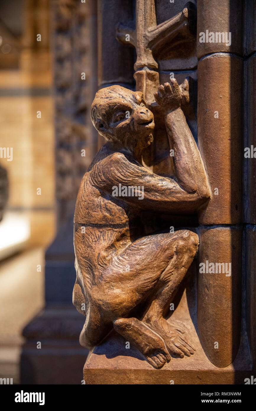 Carved wooden monkeys on the pillars at The Natural History Museum ...