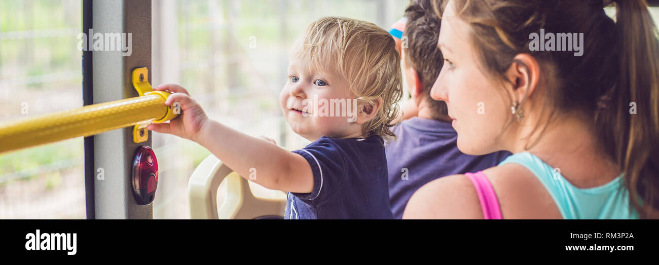 Mom and son go by bus. Traveling with children concept BANNER, long ...