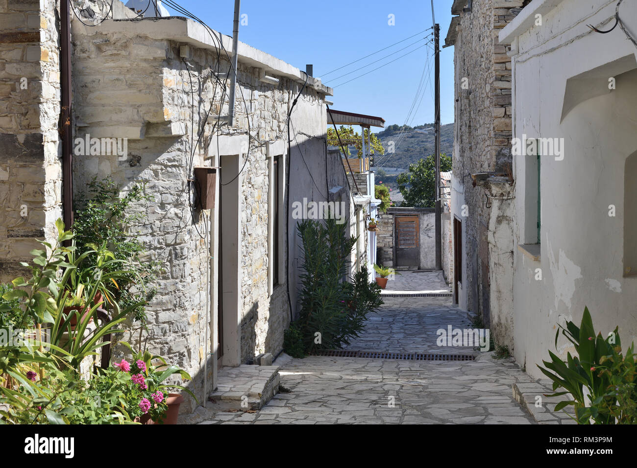 Narrow street in tourist ancient village of Lefkara, Cyprus Stock Photo ...