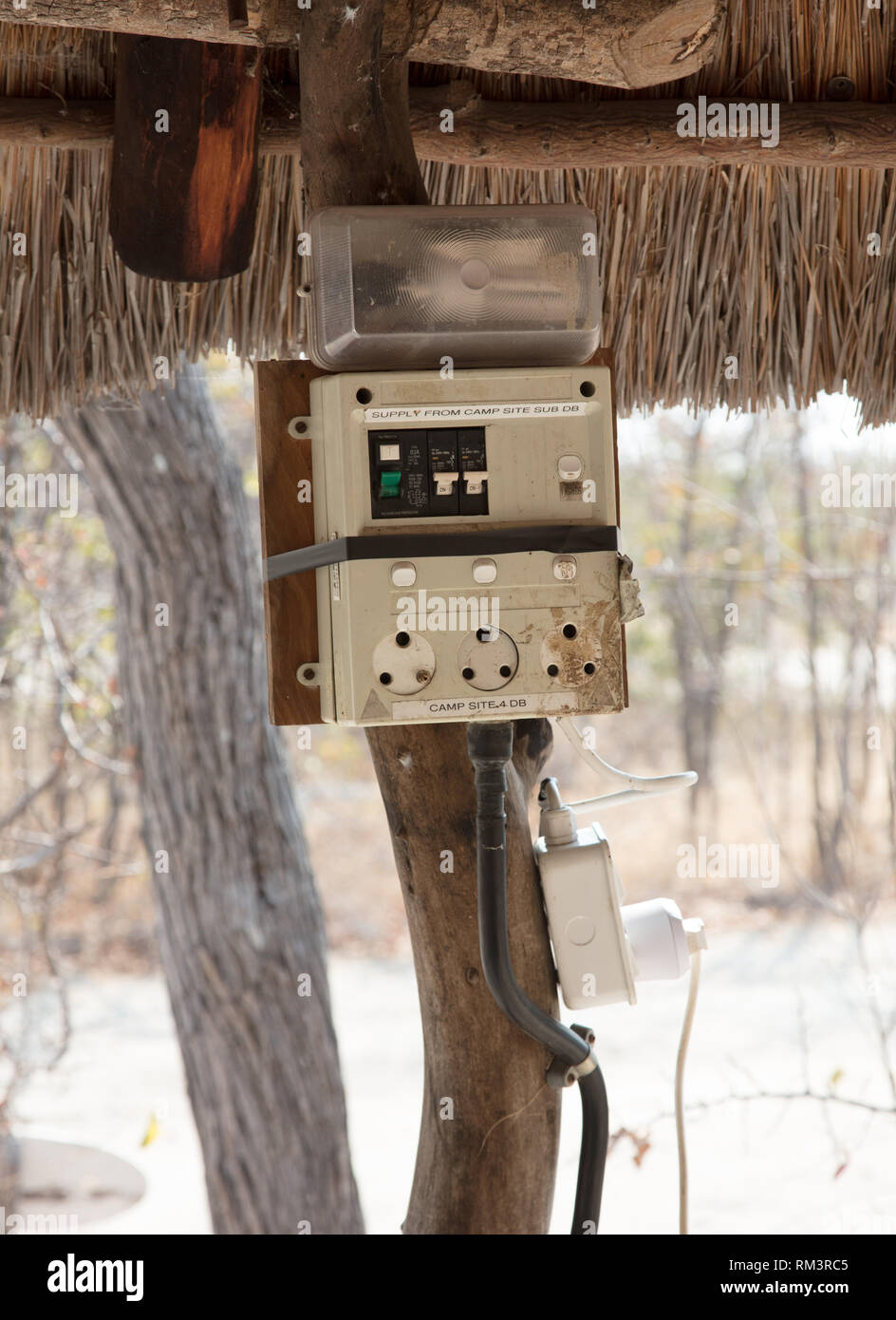 Power supply on a campsite in Botswana - Selective focus Stock Photo ...