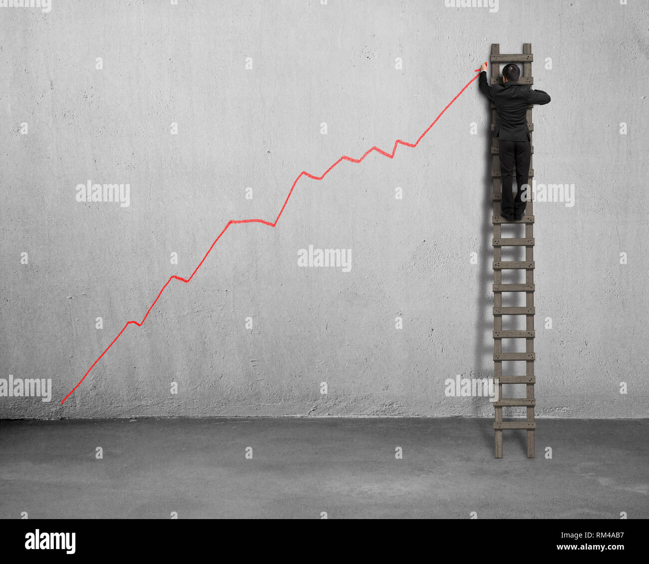 Drawing growing red trend on concrete wall with wooden ladder Stock ...