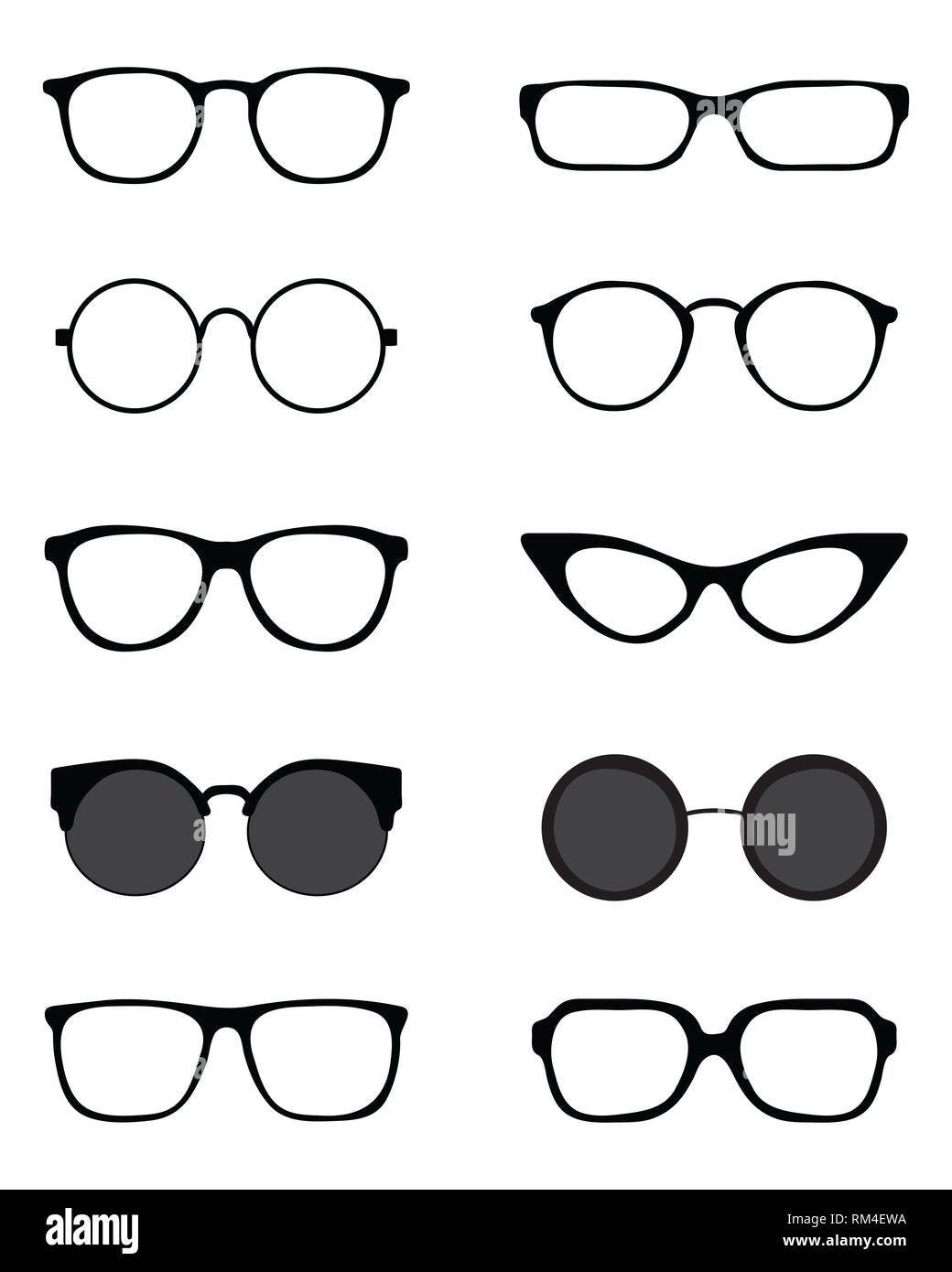 Black silhouettes of different eyeglasses on a white background Stock ...
