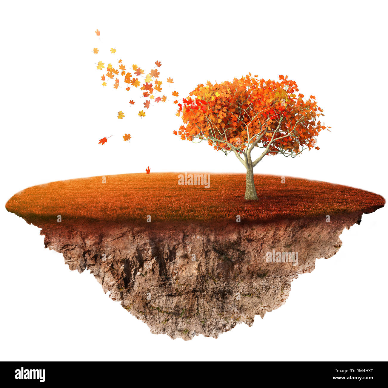 fantasy autumn landscape with floating island with tree and grass Stock ...