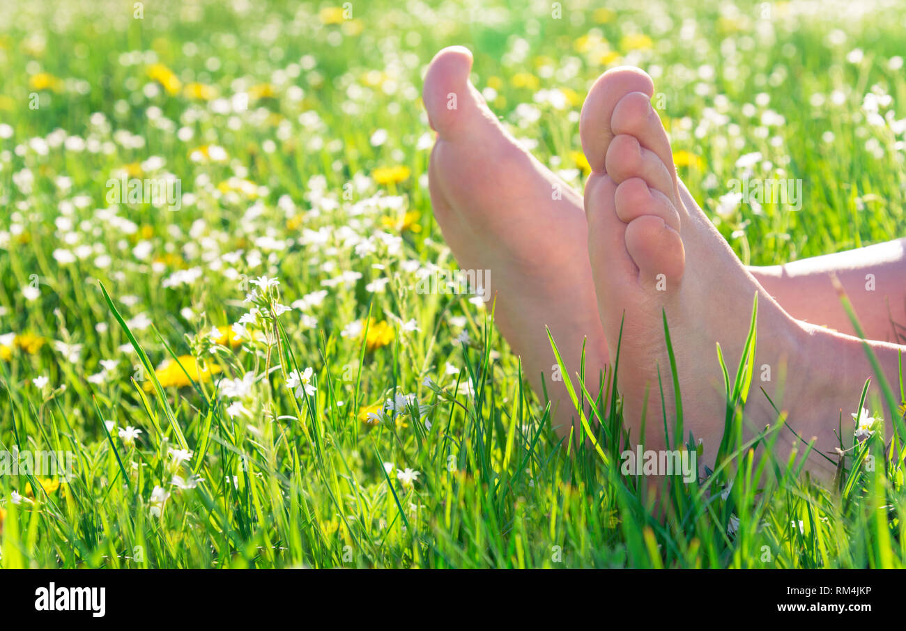bare feet on spring grass and flowers Stock Photo - Alamy