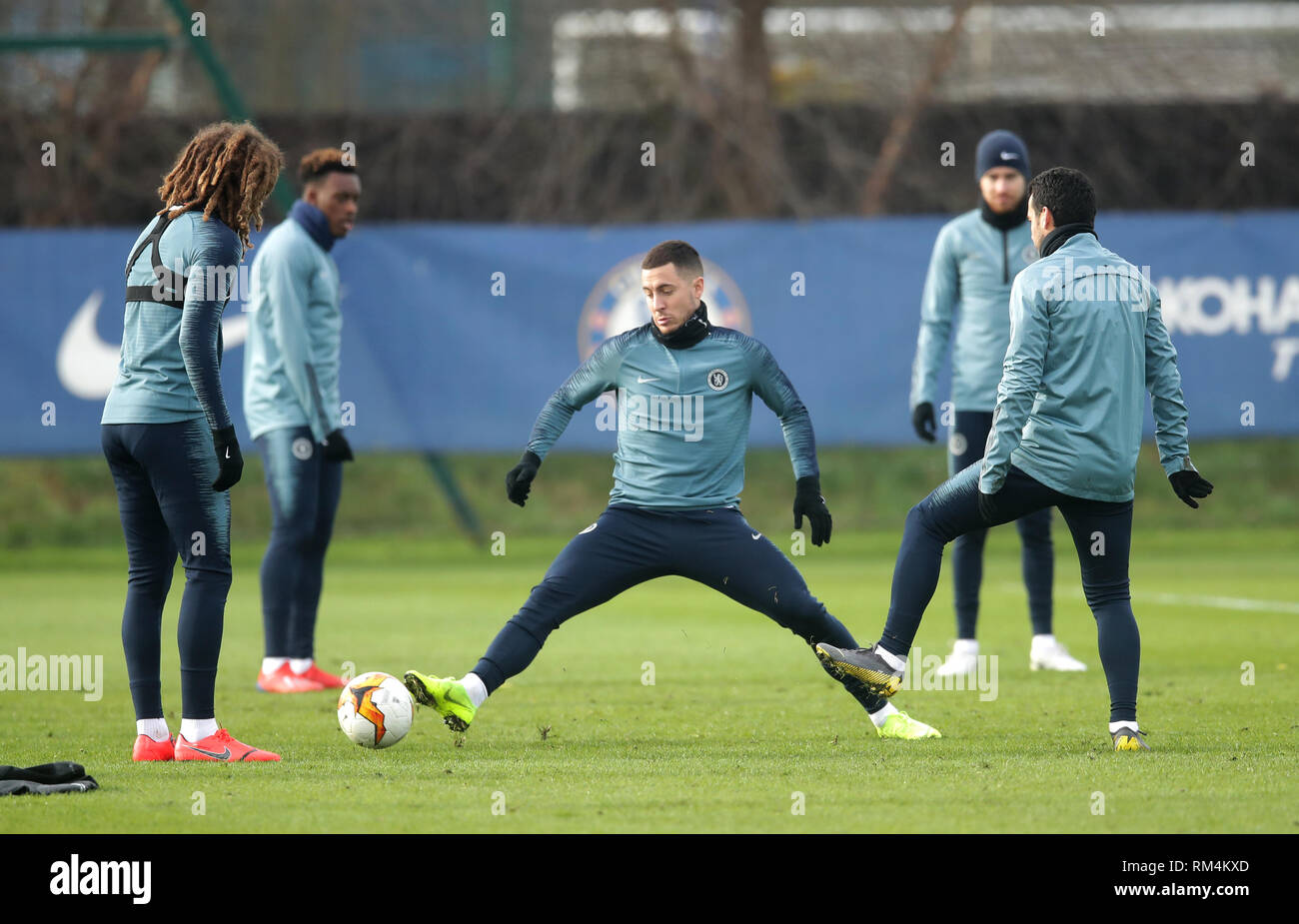 Chelsea's Eden Hazard (centre) during the training session at Cobham ...