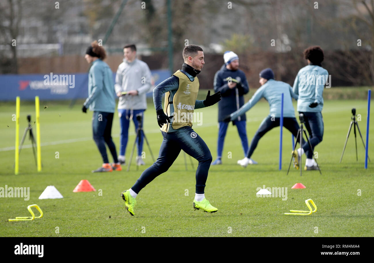 Chelsea's Eden Hazard (centre) during the training session at Cobham ...