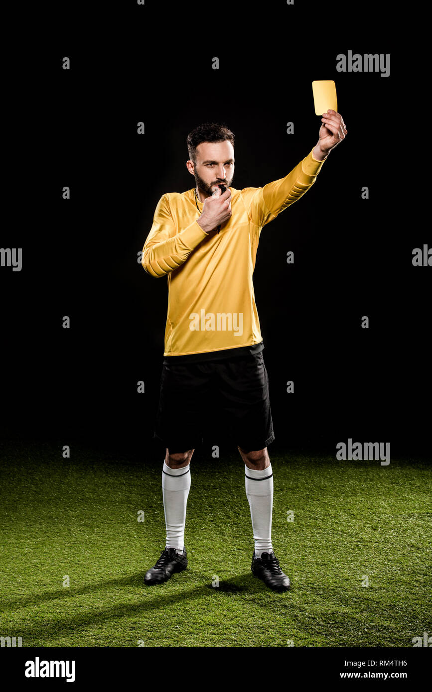 handsome referee standing on grass and showing yellow card while ...