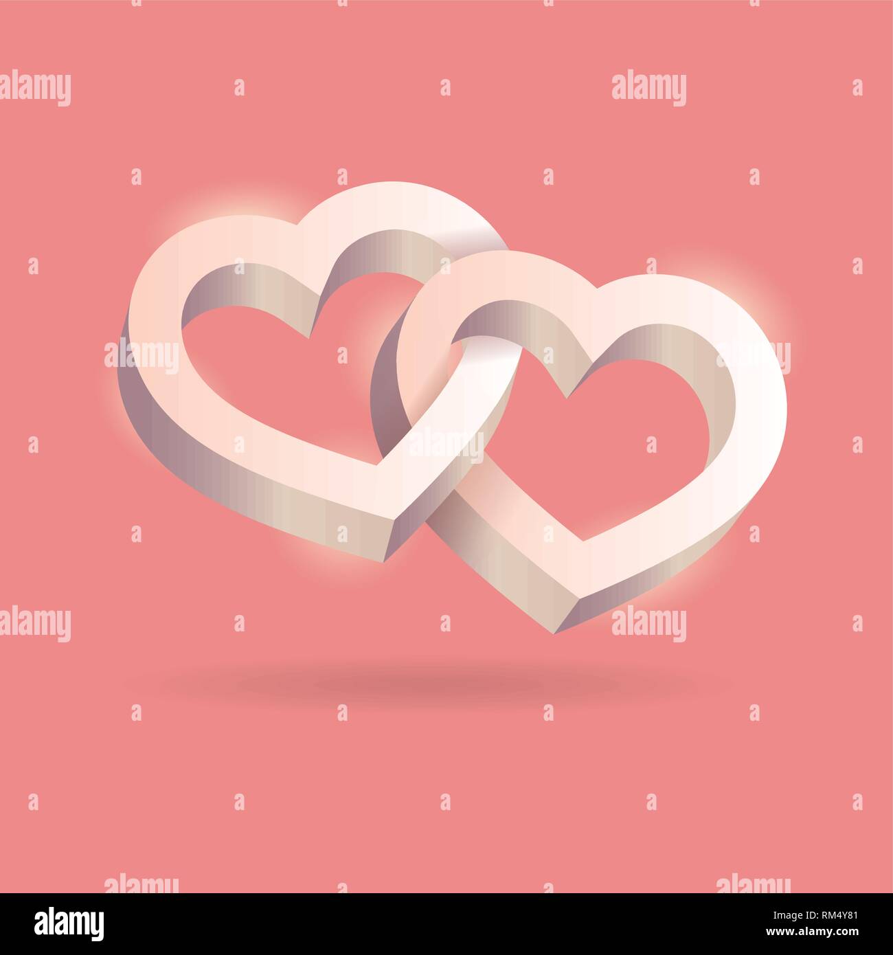 Two hearts intertwined on pink background. Optical illusion of 3D three ...