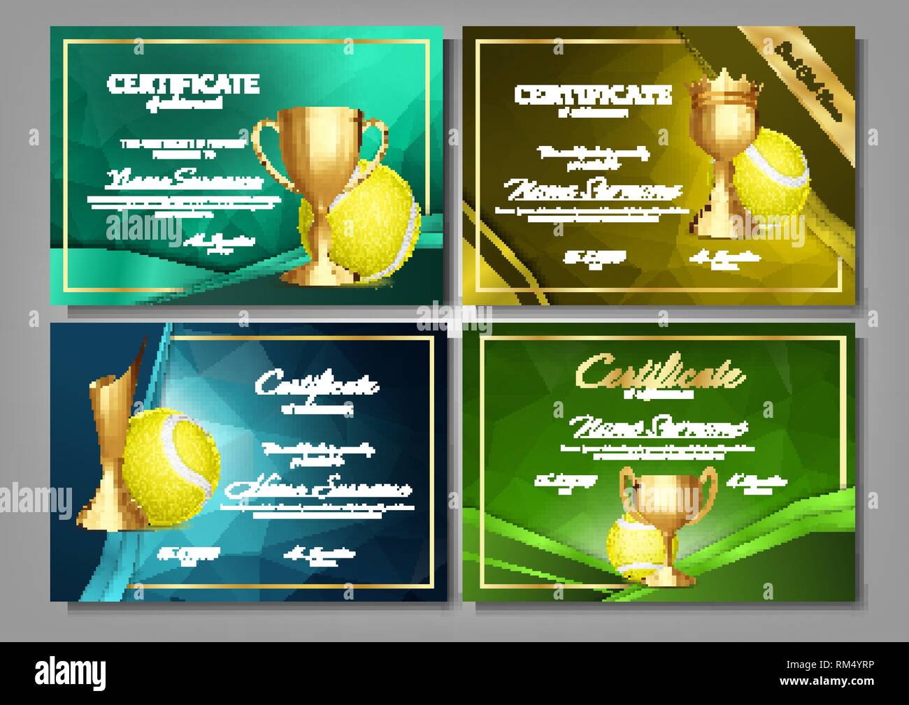 Tennis Game Certificate Diploma With Golden Cup Set Vector. Sport Award ...