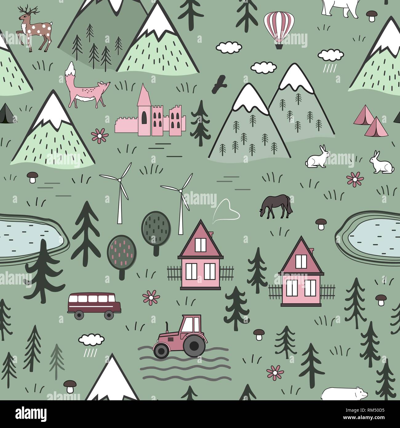Cute Hand Drawn Scandinavian Vector Seamless pattern with houses ...