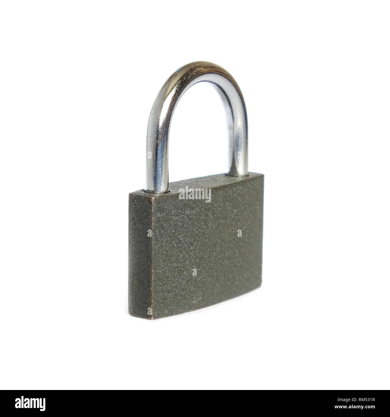 Gray metal padlock in closed position isolated on white side view ...