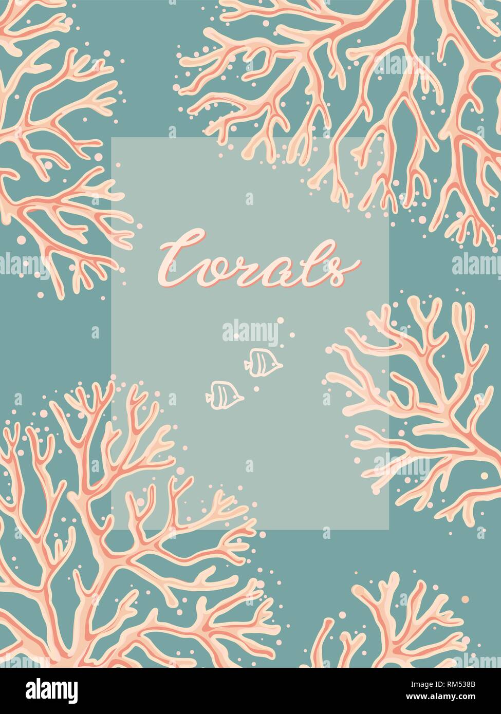 Design template with hand-drawn corals on a living corals background ...
