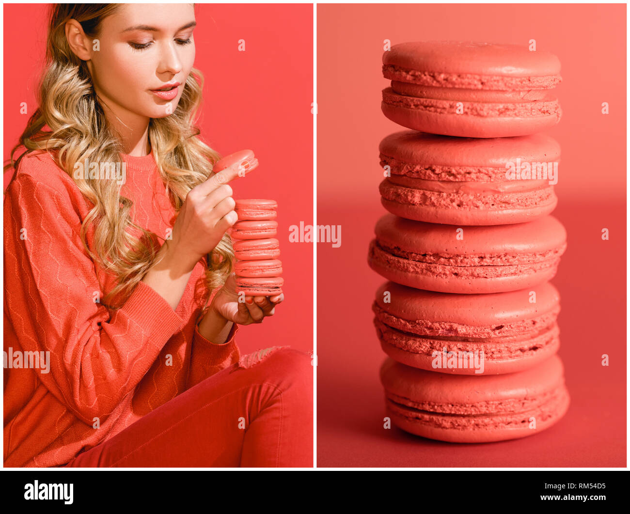 collage with sweet macarons and stylish blonde girl in living coral ...