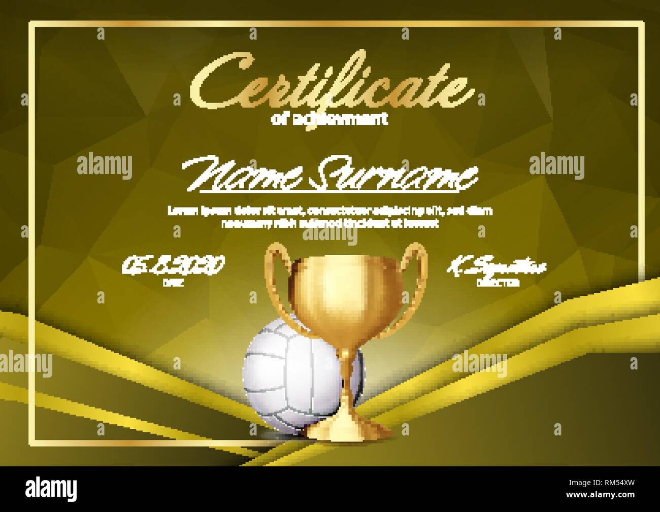 Volleyball Game Certificate Diploma With Golden Cup Vector. Sport ...