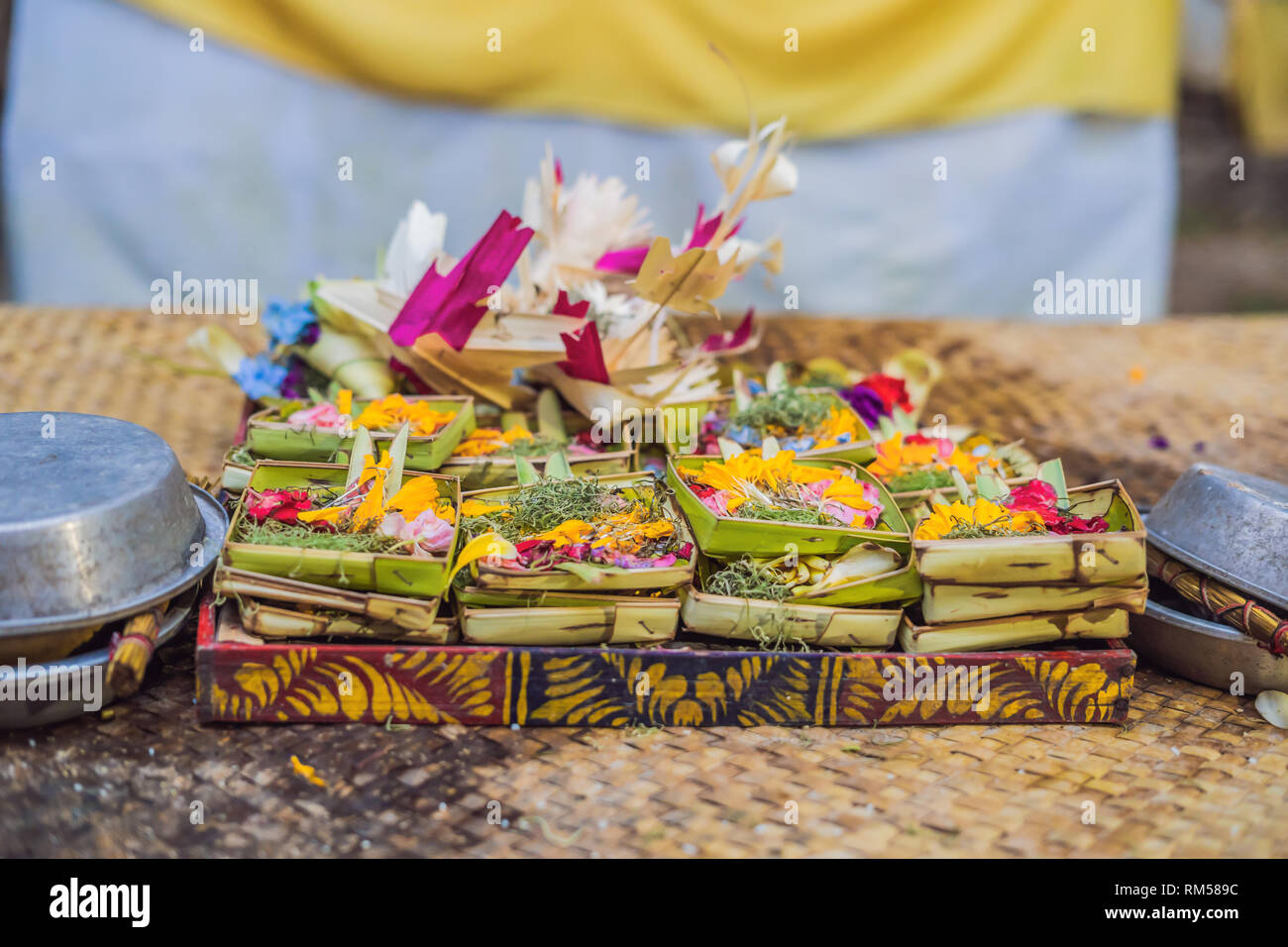 Traditional balinese offerings to gods in Bali with flowers and ...