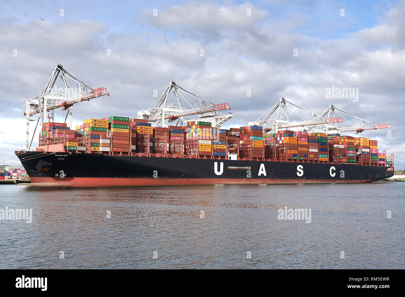 The 400 Metre Long, Ultra-Large Container Ship, BARZAN, Loading And ...