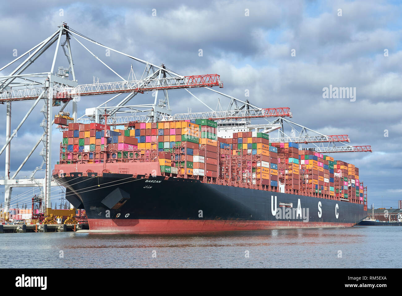 The 400 Metre Long, Ultra-Large Container Ship, BARZAN, Loading And ...