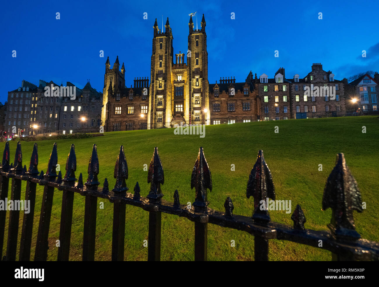 Night view of Edinburgh University New College building on The Mound in ...