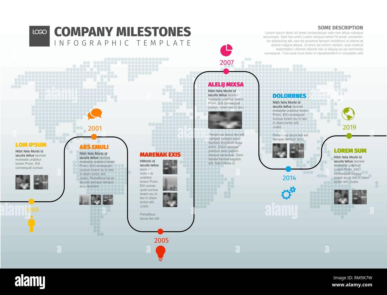 Vector Infographic Company Timeline Template with pointers on a curved ...