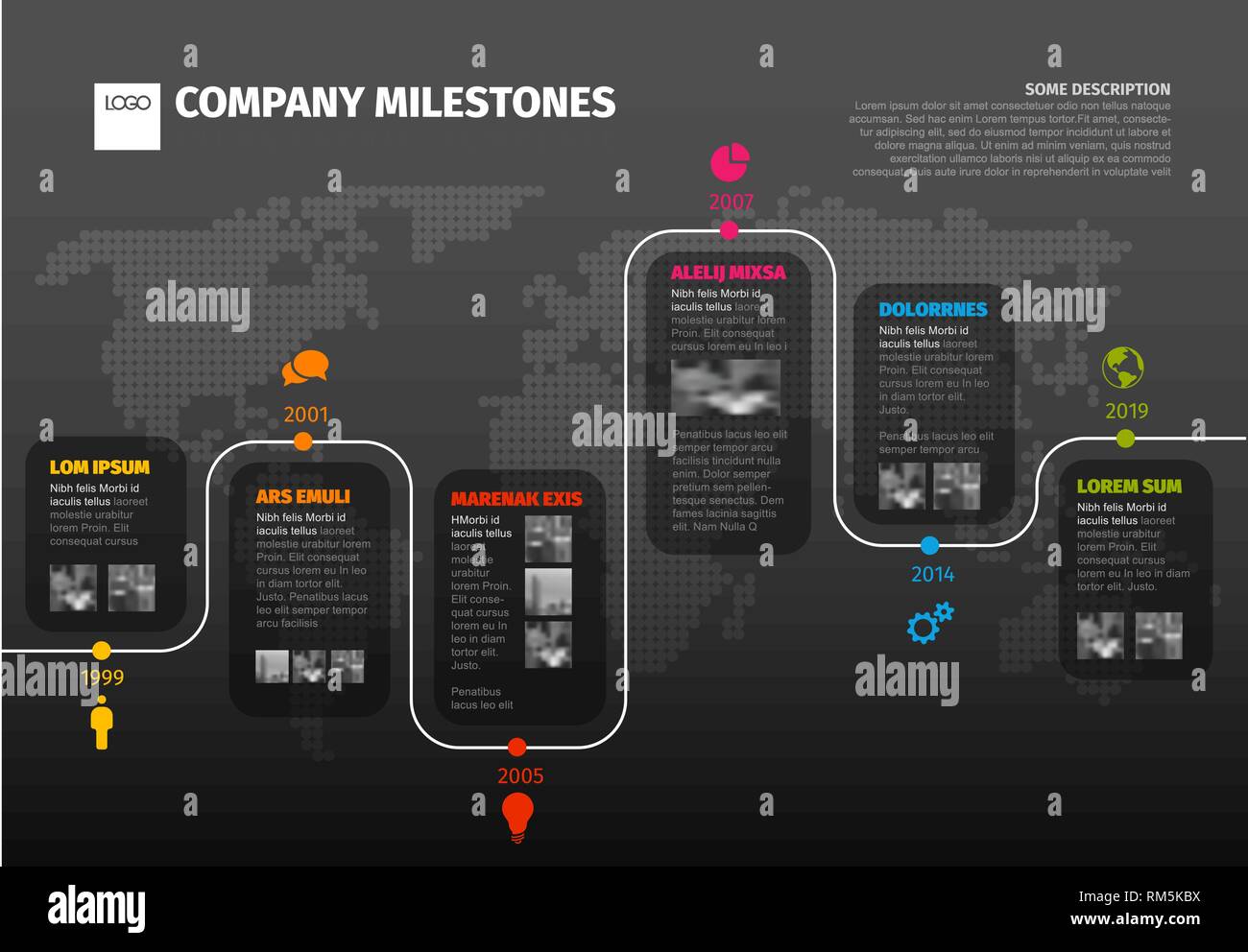 Vector Infographic Company Timeline Template with pointers on a curved ...