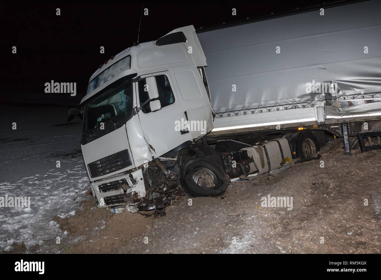 Car accident on a A7 road on 12th of February 2019, truck after a ...