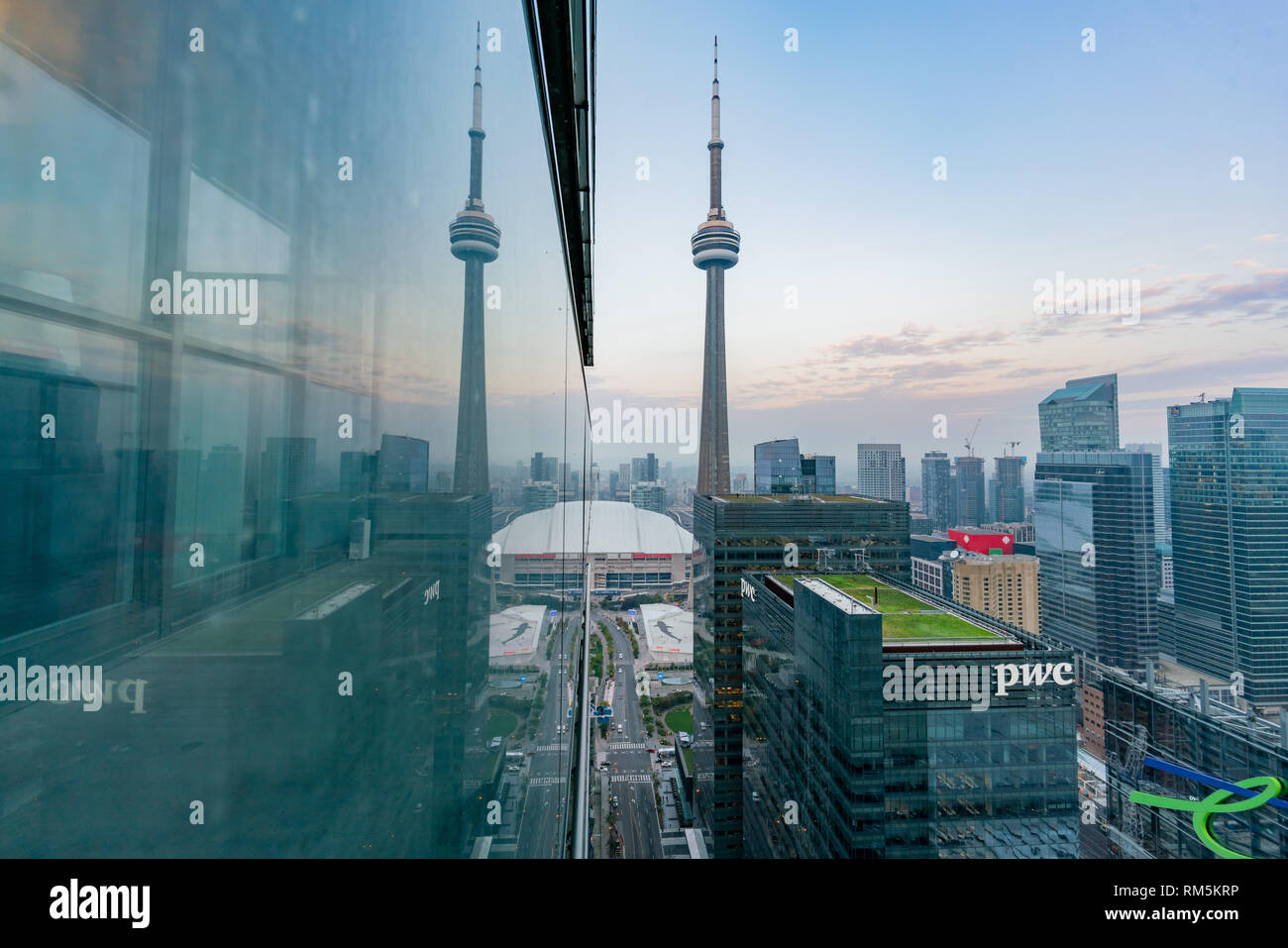 Aerial morning view of the Toronto downtown and CN Tower with ...