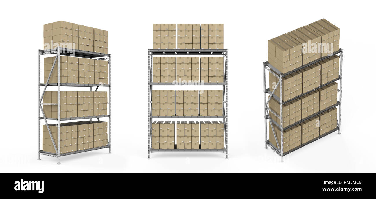 3d rendering warehouse rack with cardboard boxes isolated on white ...